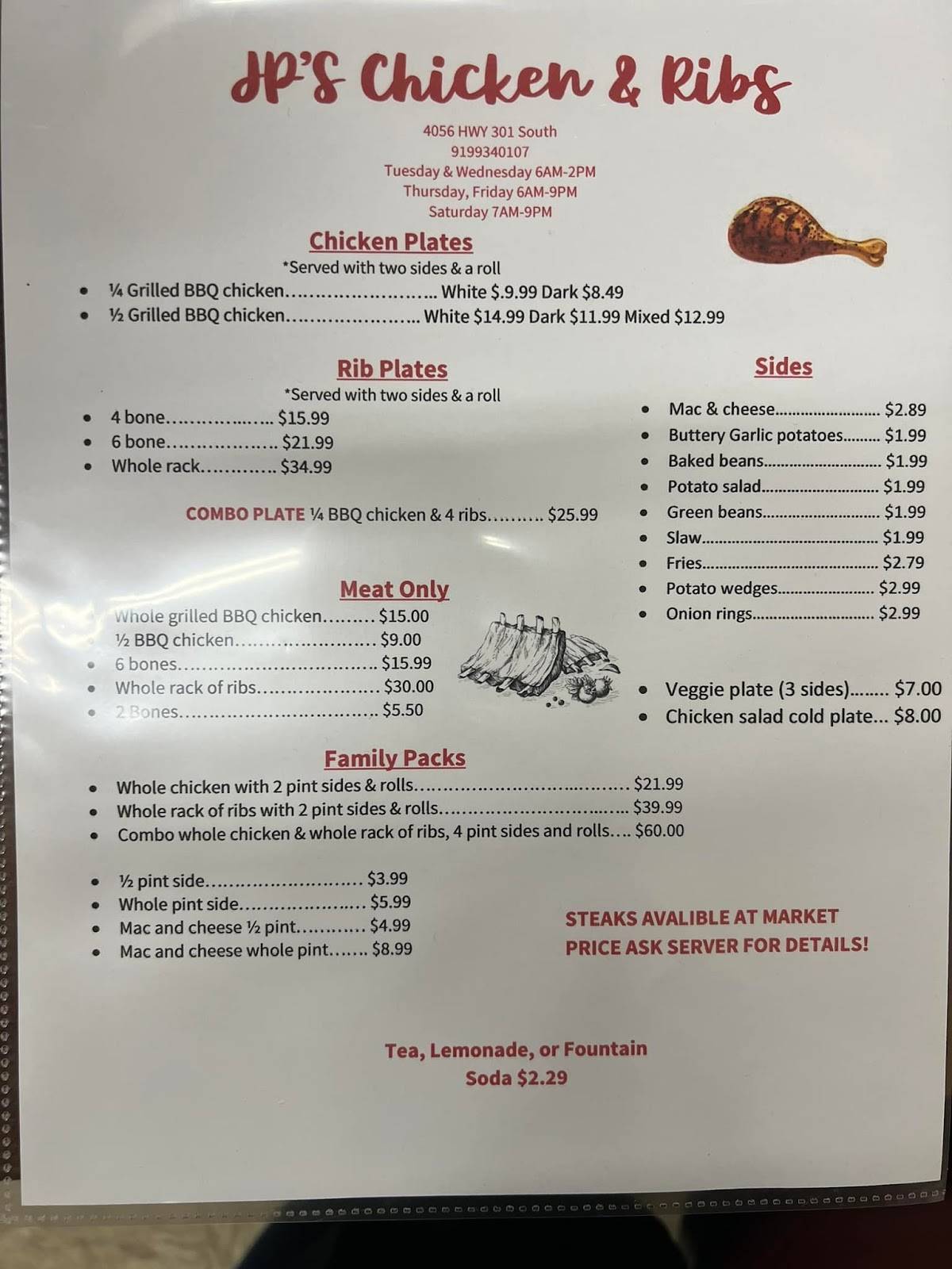 Menu at JP’s Chicken & Ribs restaurant, Four Oaks