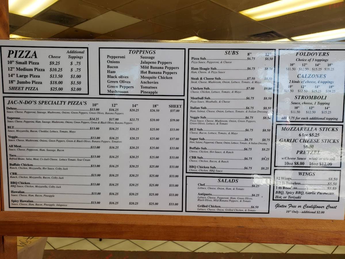 Menu at Jac-N-Do's pizzeria, Urbana