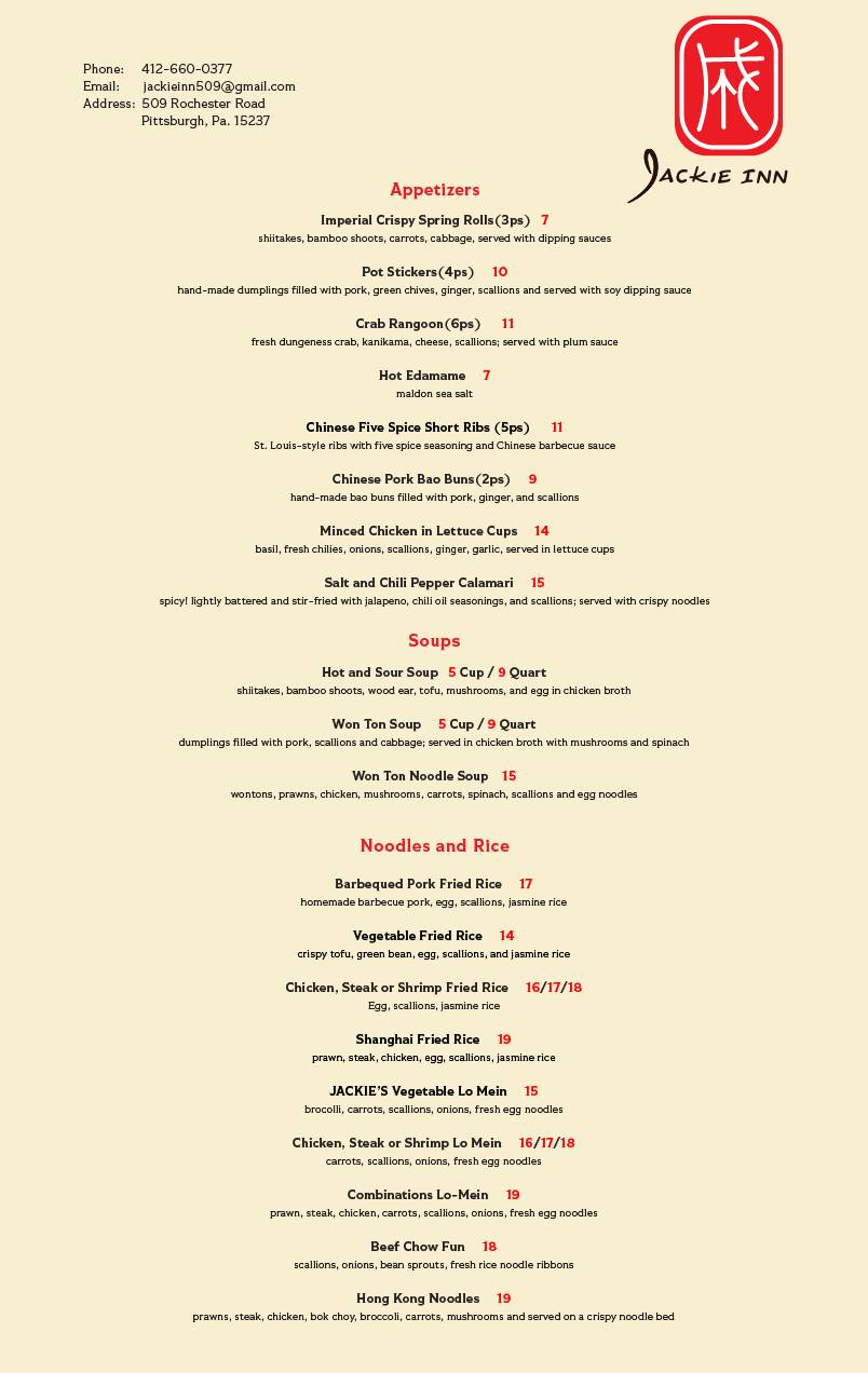 Menu at Jackie Inn restaurant, Pittsburgh