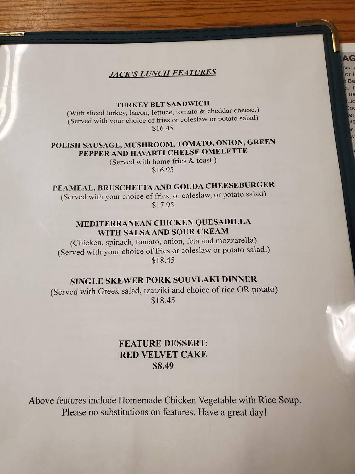 Menu at Jack's Family Restaurant, Waterloo