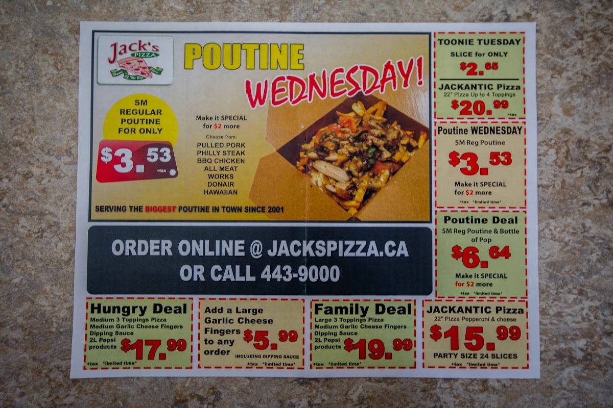 Menu at Jack's Pizza pizzeria, Fredericton