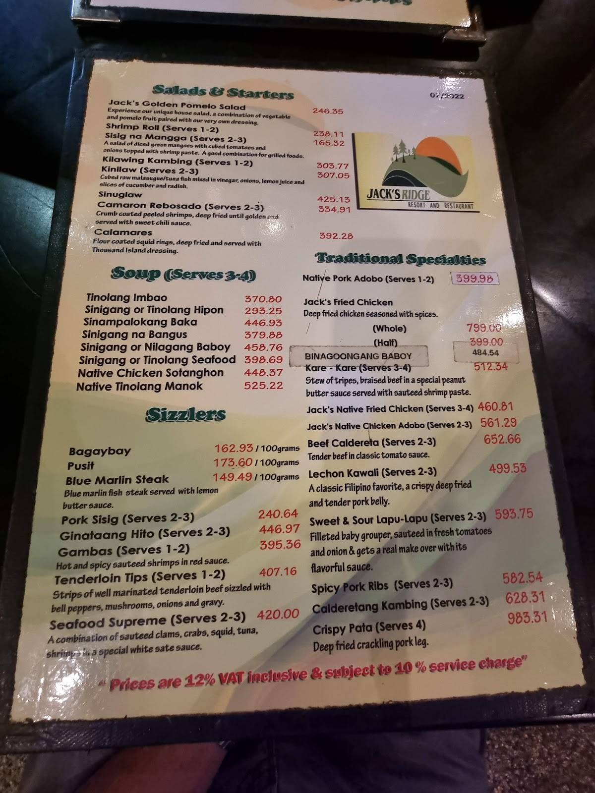 Menu at Jack's Ridge restaurant, Davao City