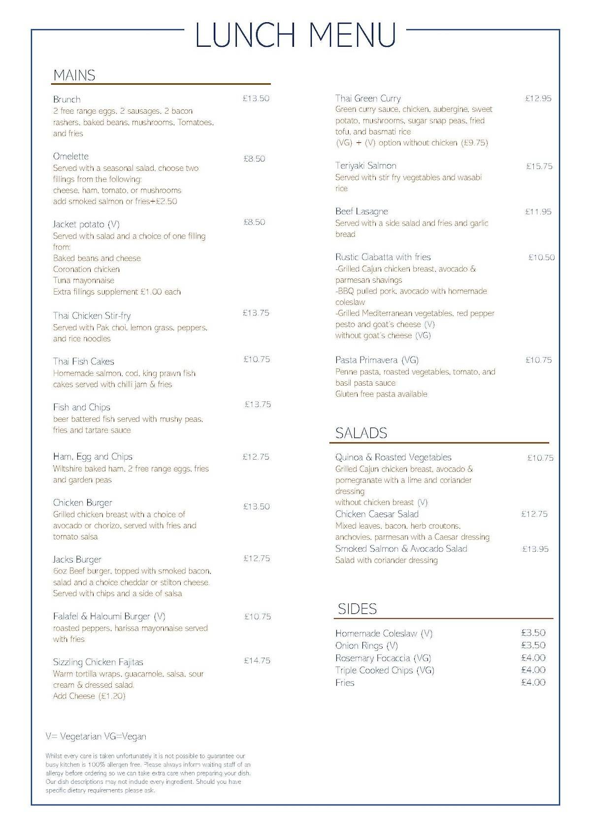 Menu at Jack's pub & bar, Swindon