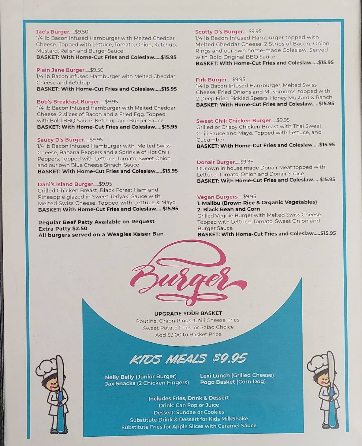Menu at Jac's Burgers and Shakes restaurant, Bridgewater