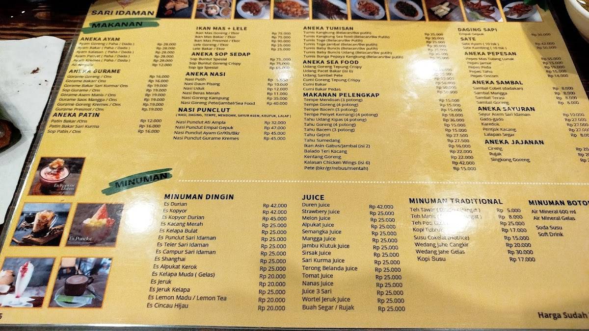 Menu at Sari Idaman restaurant, East Jakarta