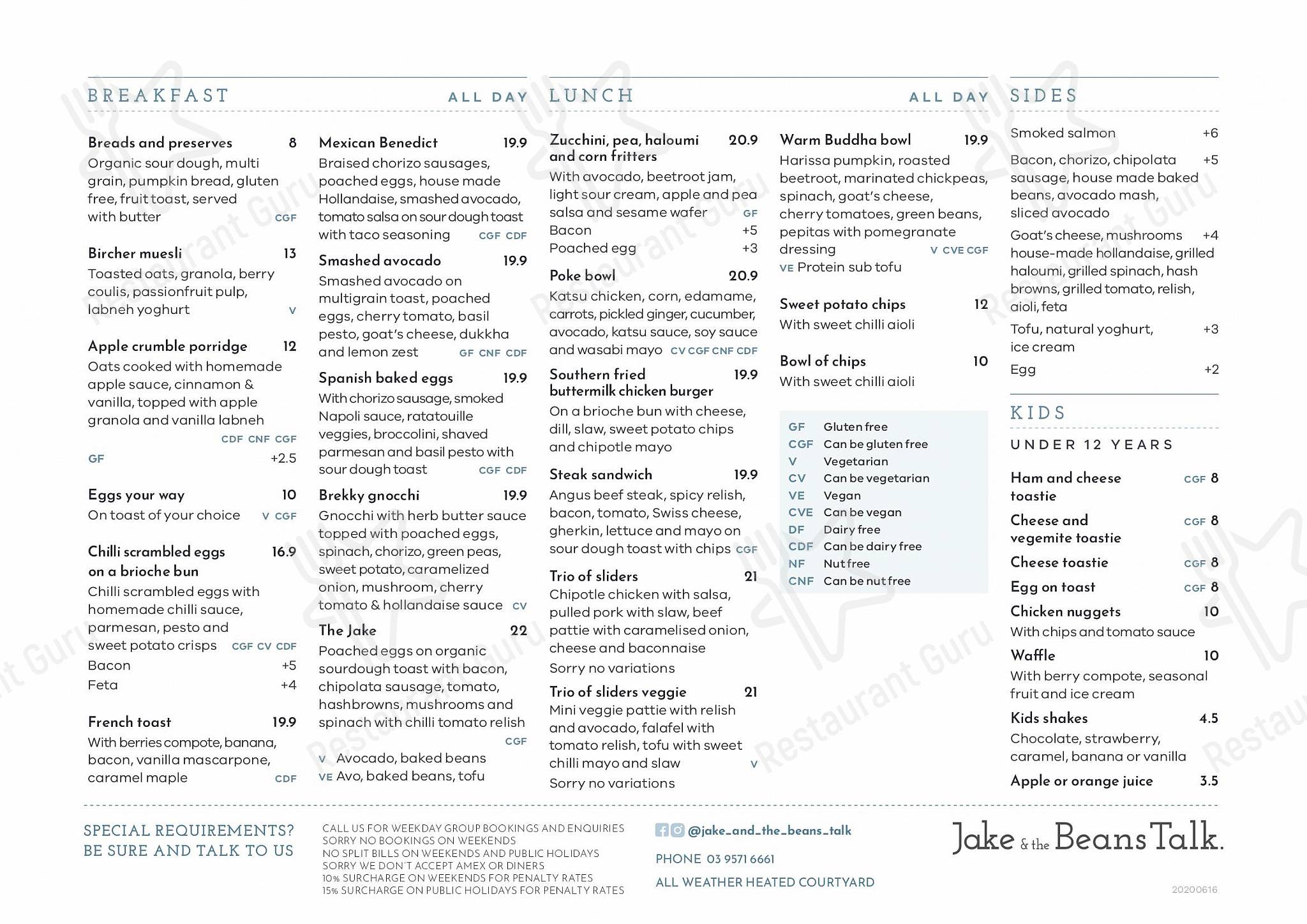 Menu at Jake & the Beans Talk cafe, Malvern East