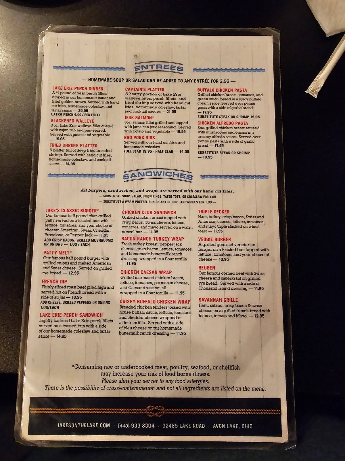 Menu at Jake's On the Lake restaurant, Avon Lake