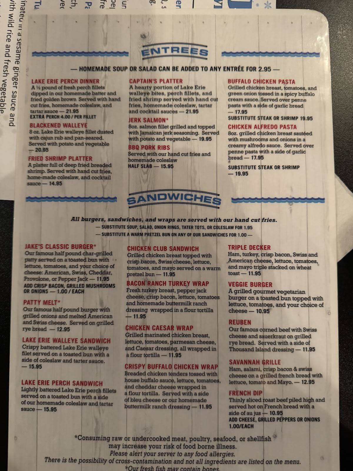 Menu at Jake's On The Lake restaurant, Avon Lake