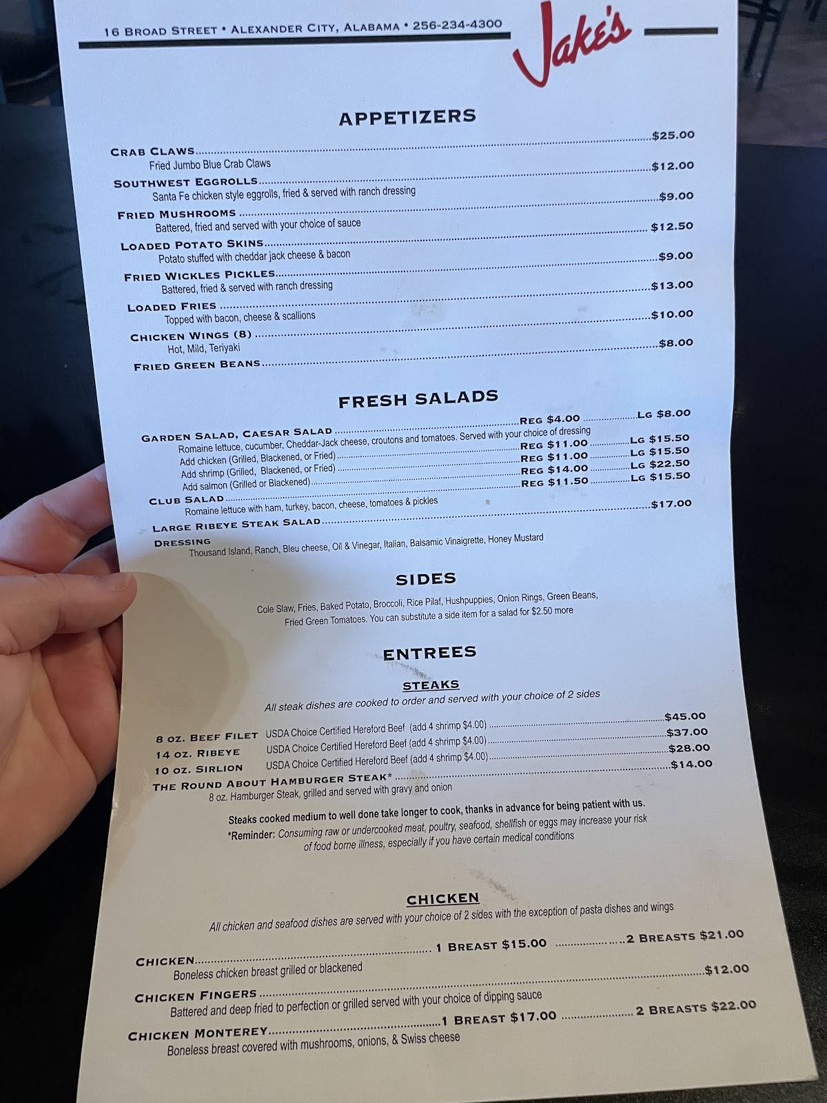 Menu at Jake's Restaurant, Alexander City