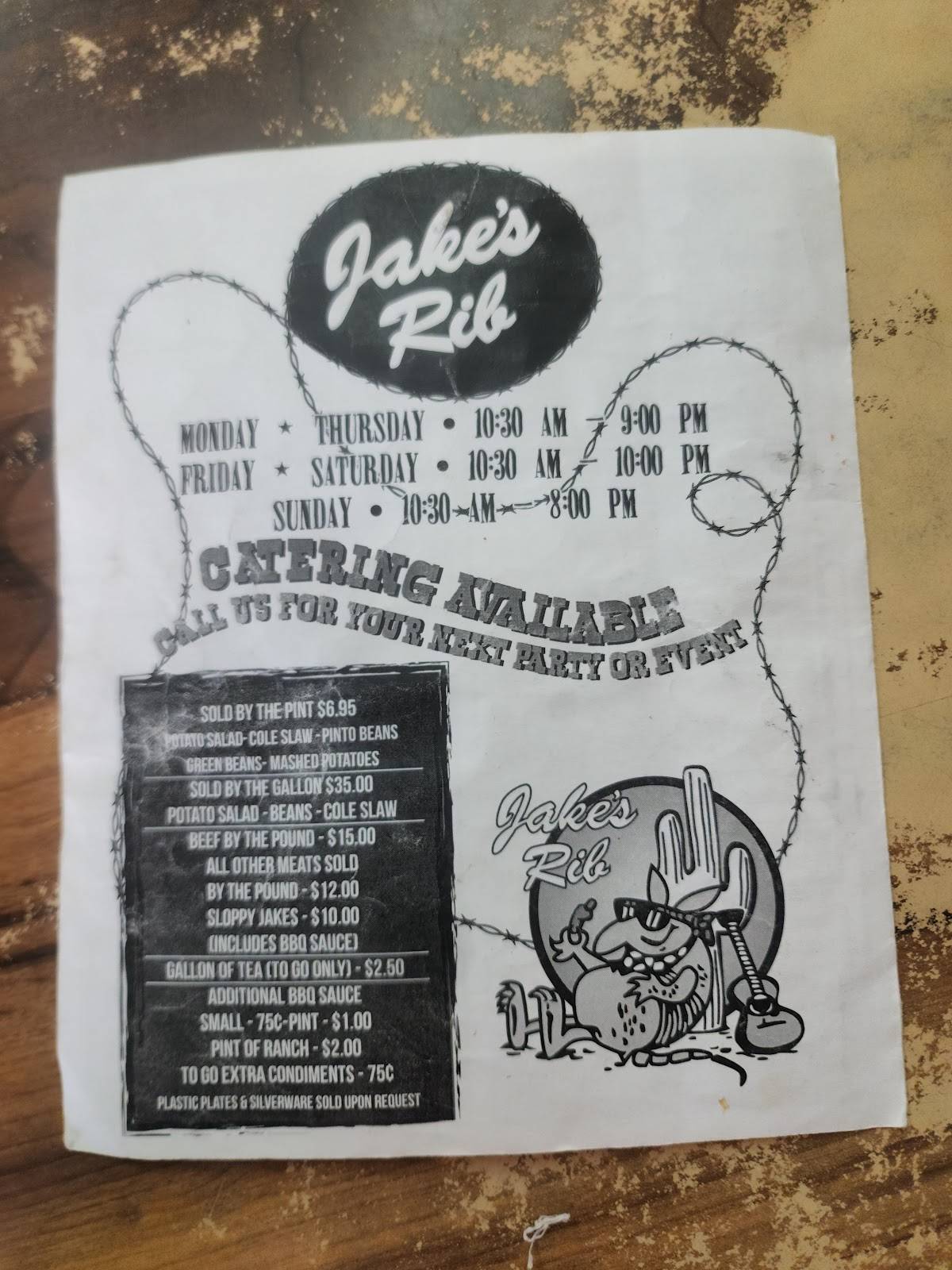 Menu at Jake's Rib BBQ, Chickasha