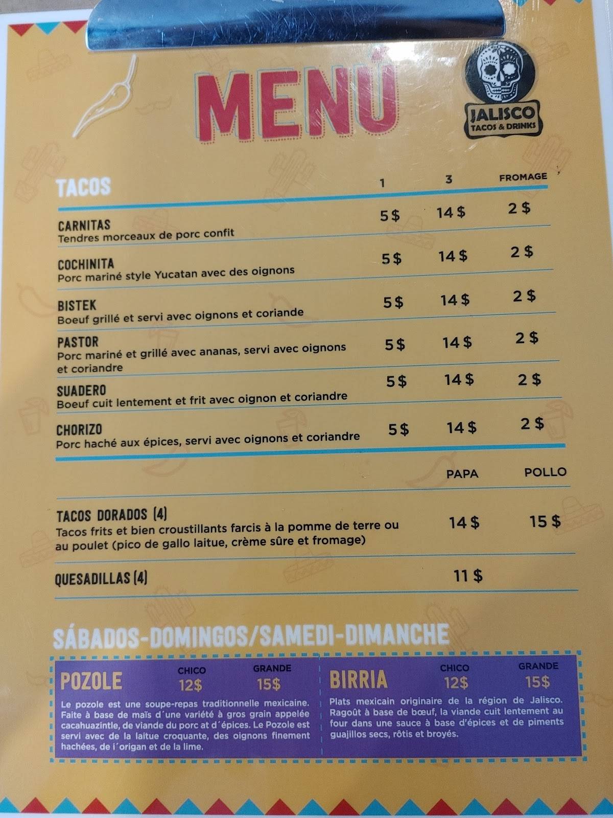 Menu au Jalisco Tacos & Drinks restaurant, Québec, 1re Av.
