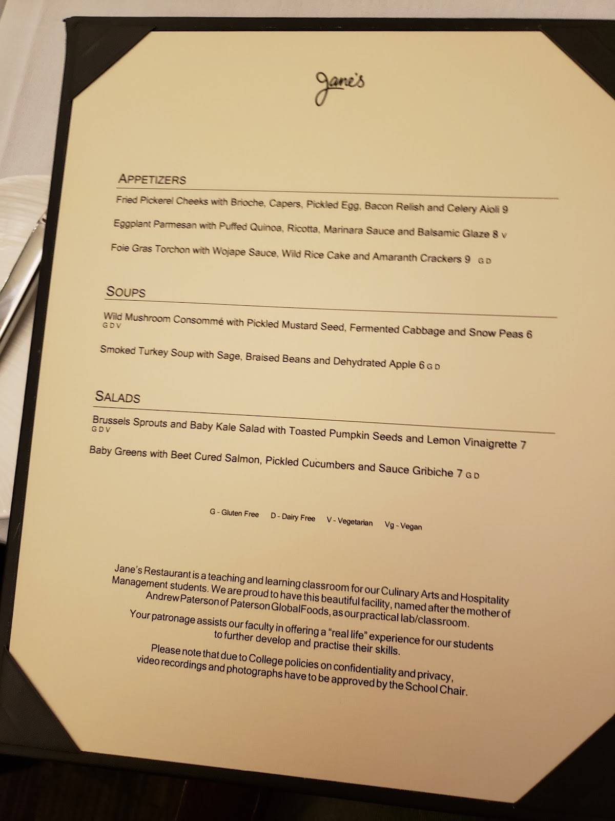 Menu at Jane's restaurant, Winnipeg