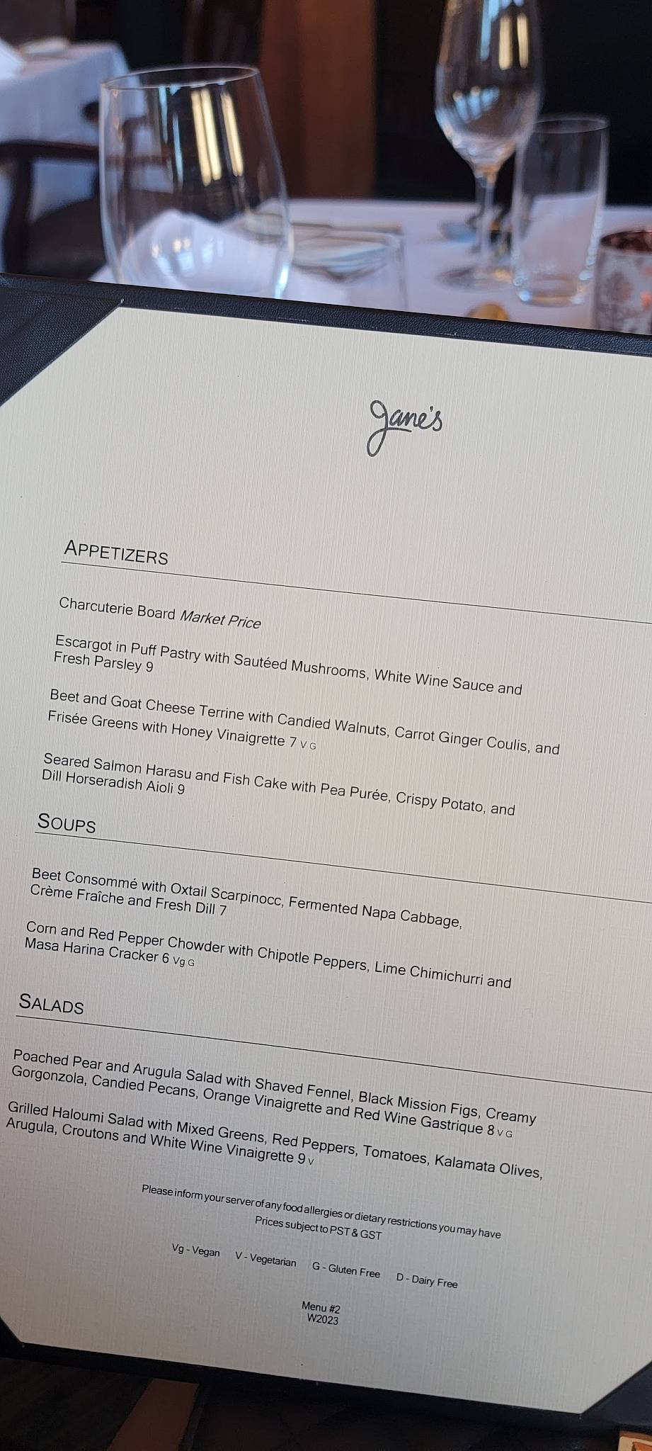 Menu at Jane's restaurant, Winnipeg