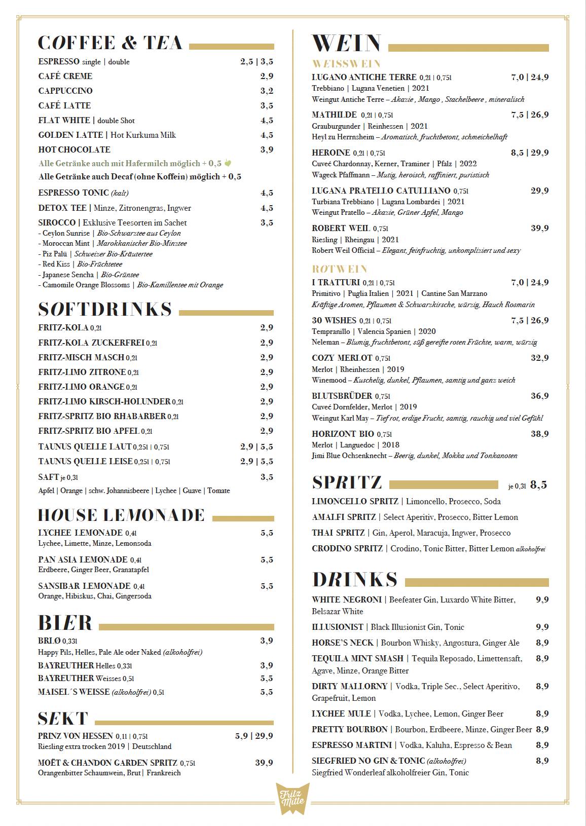 Speisekarte von Fritz Mitte - Fine Food Schlossgasse restaurant, Jena ...