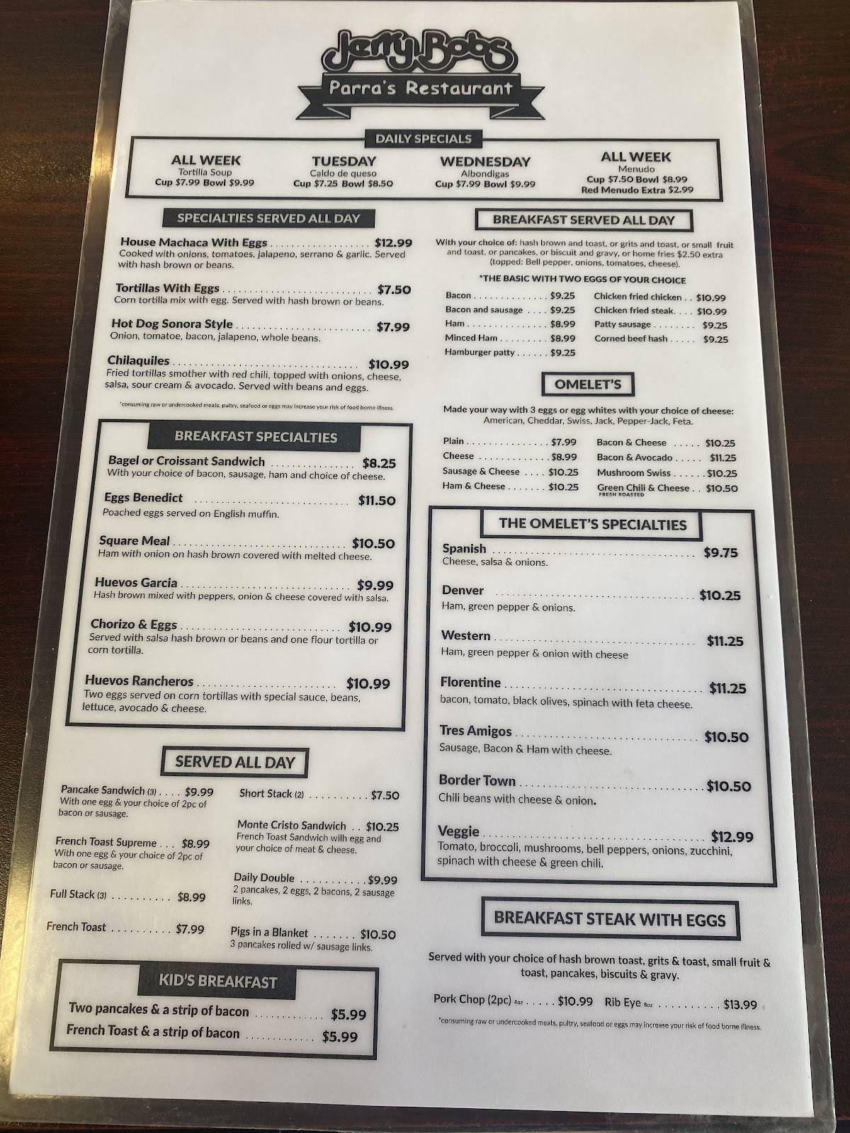 Menu at Jerry Bob's Restaurant, Tucson, E Valencia Rd