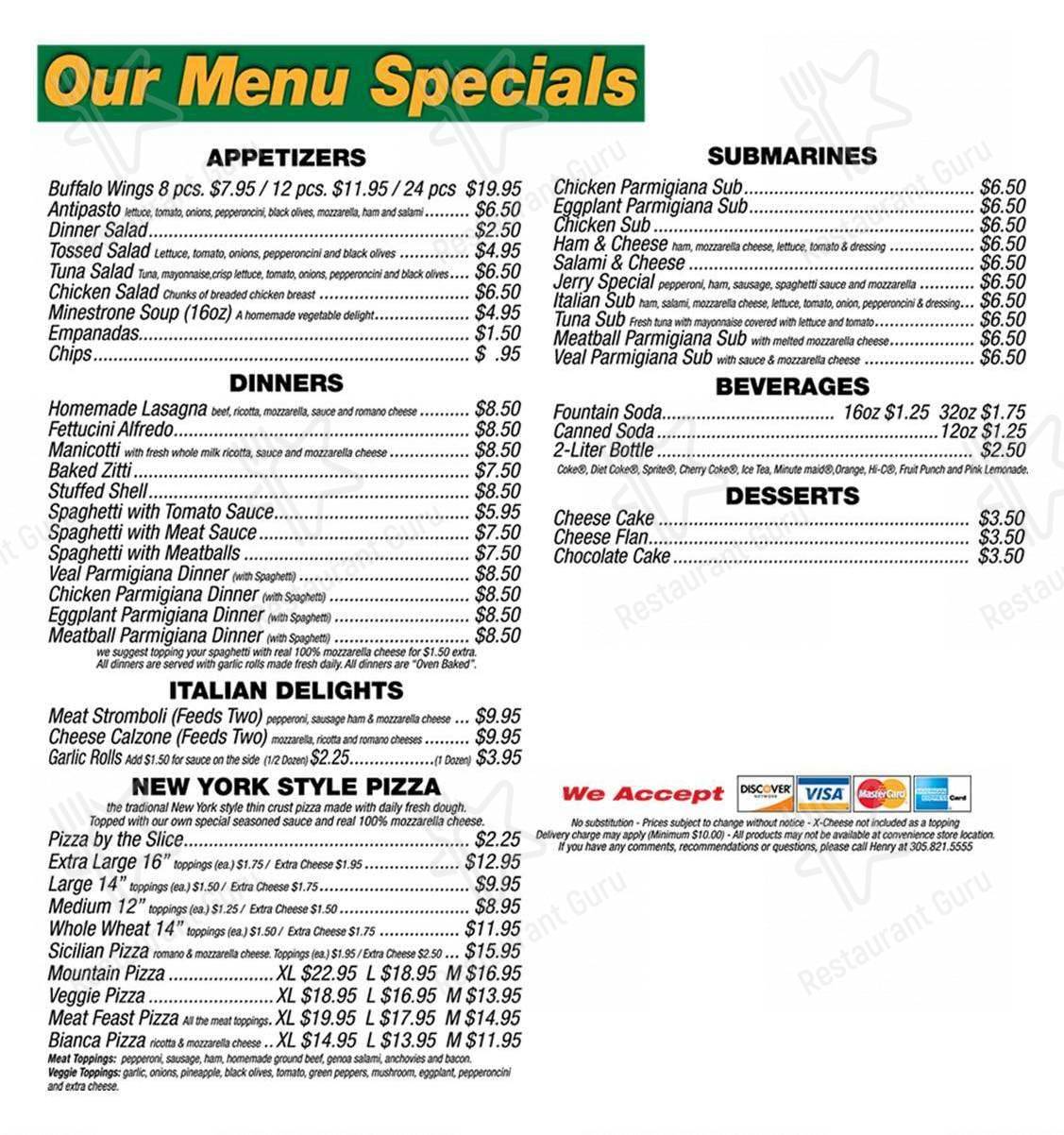 Carta de Jerry & Joe's Pizza, Kendall West