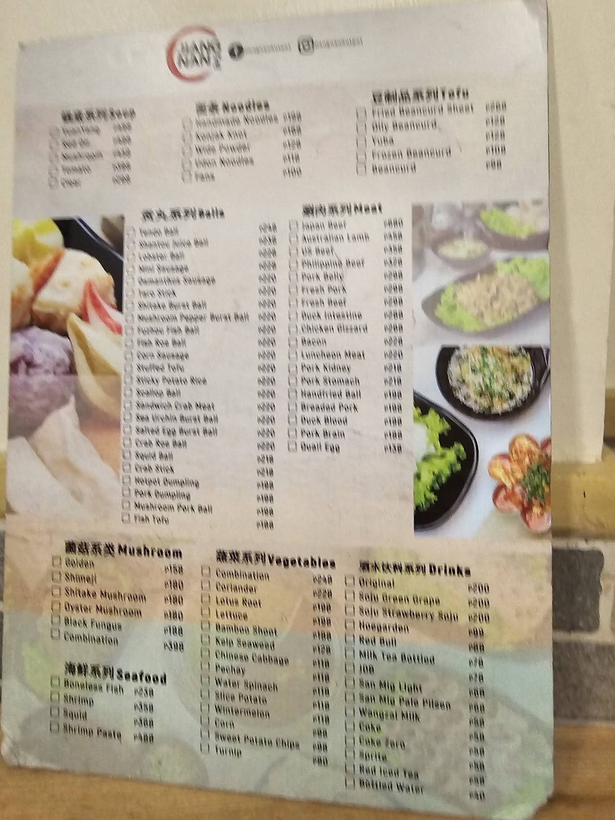 Menu at Jiang Nan Hotpot (Banawe) restaurant, Quezon City