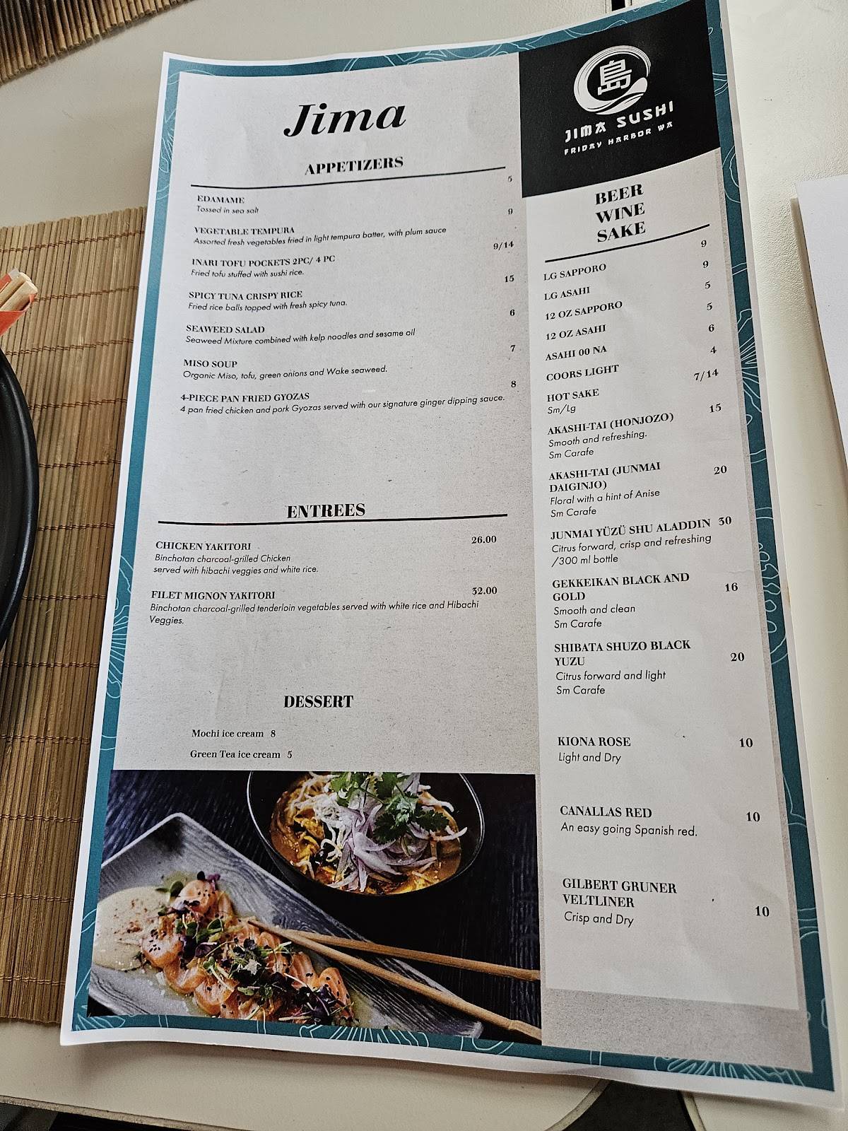 Menu at Jima Sushi Friday Harbor restaurant, Friday Harbor