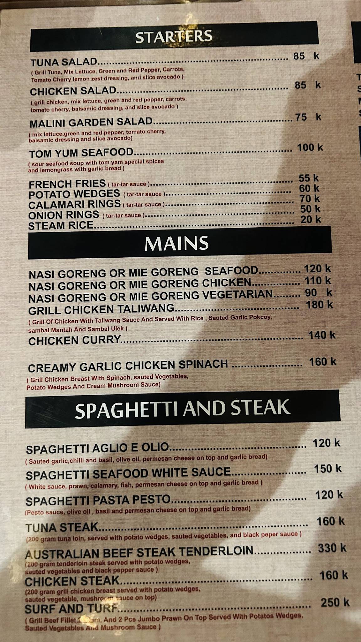 Menu at Malini Uluwatu - SEAFOOD & SUNSET restaurant, Pecatu