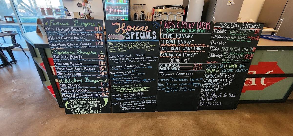 Menu at Jimmy's Burgers restaurant, Bandera