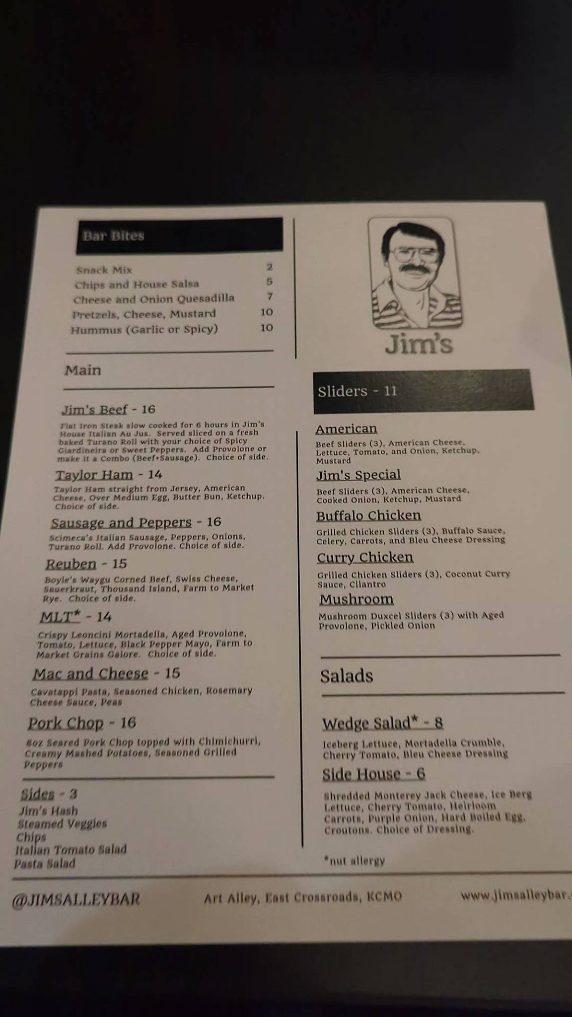 Menu at Jim's pub & bar, Kansas City