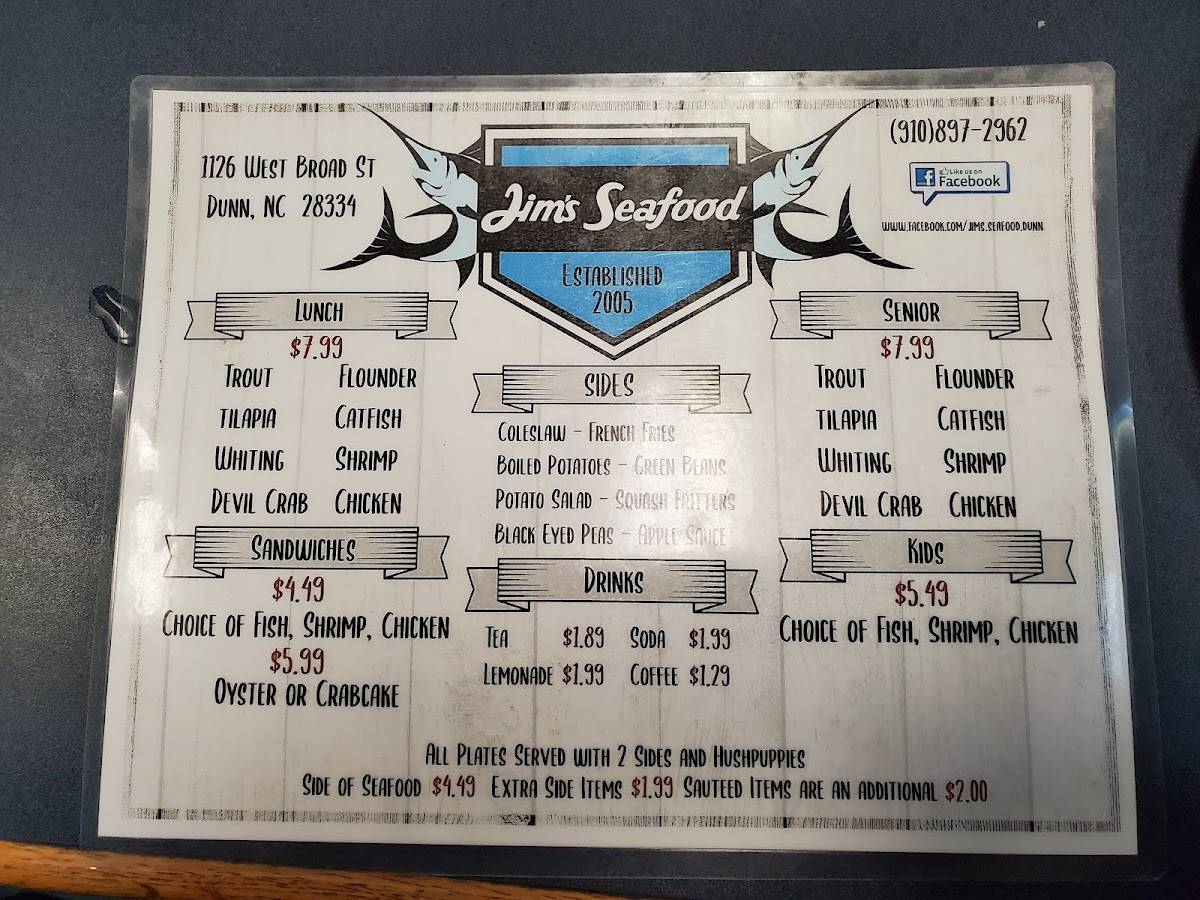 Menu at Jim's Seafood Fresh & Fried restaurant, Dunn