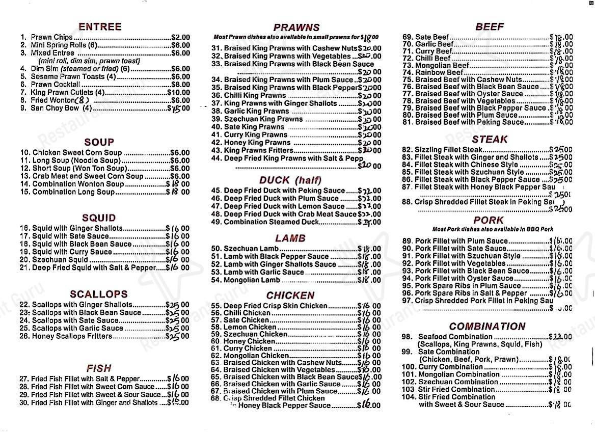 Menu at Jin Li Feng chinese restaurant, Kelso