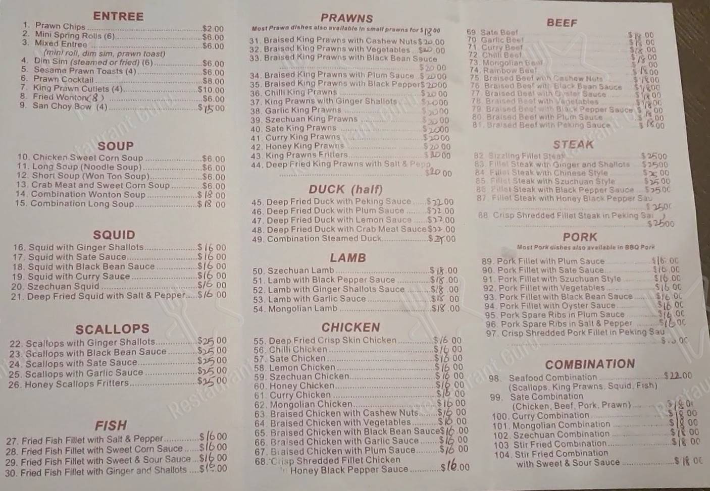 Menu at Jin Li Feng chinese restaurant, Kelso