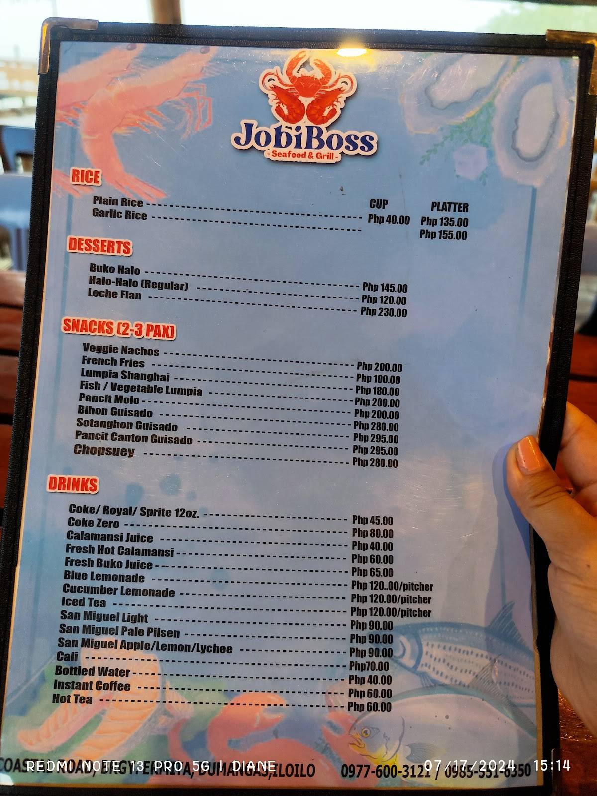 Menu at JobiBoss Seafood and Grill restaurant, Dumangas