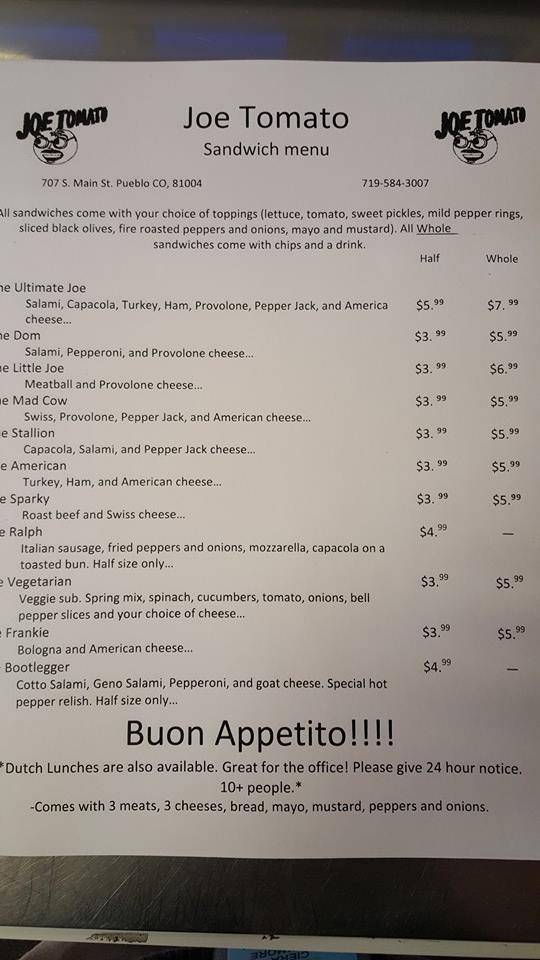Menu at Joe Tomato fast food, Pueblo