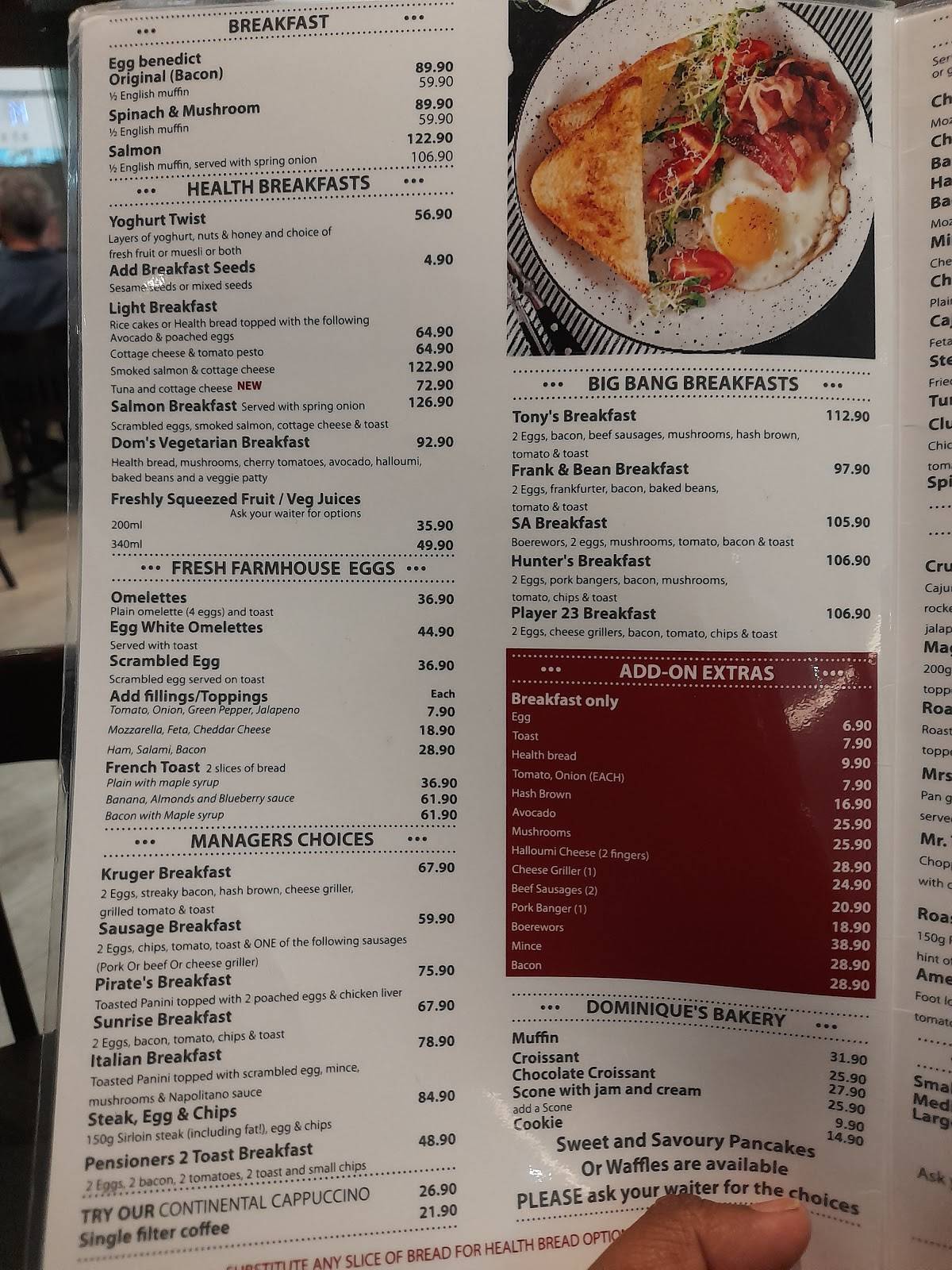 Menu at Dominiques Cafe, Johannesburg