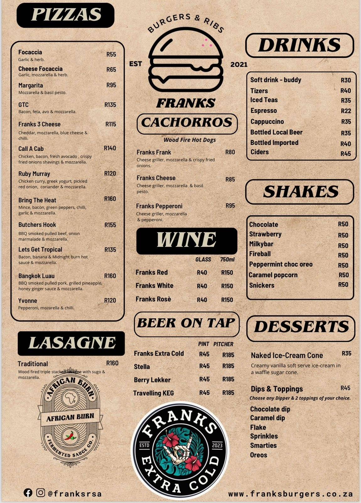 Menu at Franks Burgers & Ribs Blairgowrie restaurant, Johannesburg