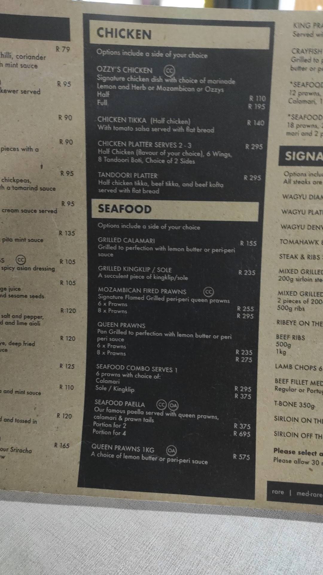 Menu at Ozzy's Kitchen restaurant, Johannesburg
