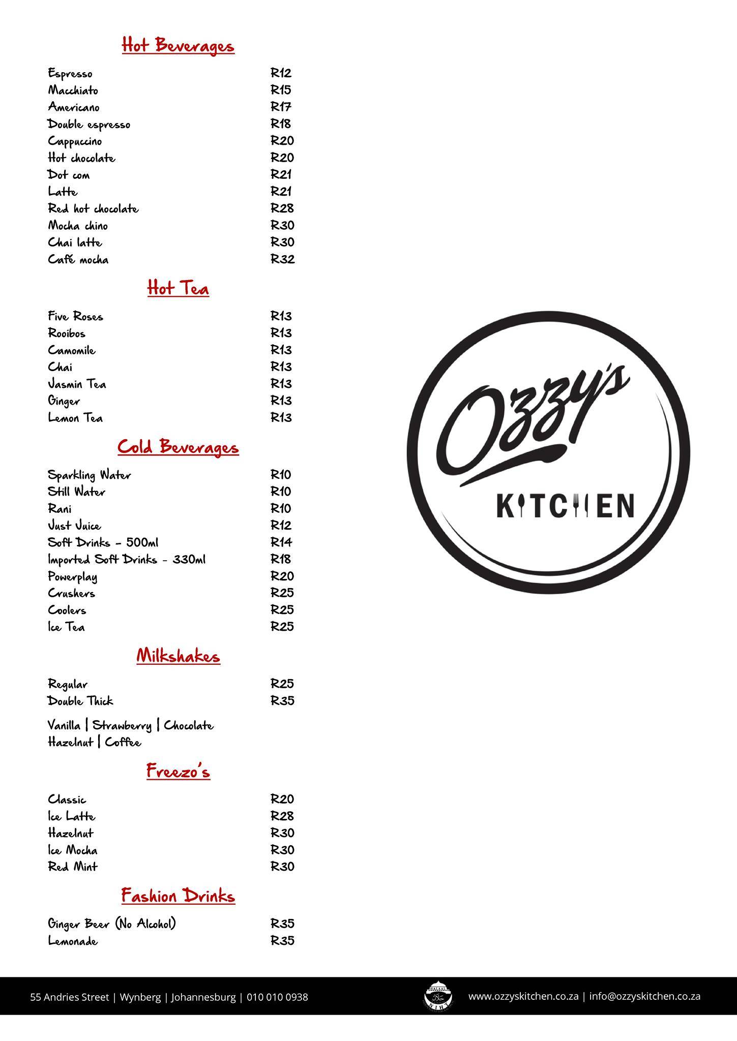 Menu at Ozzy's Kitchen restaurant, Sandton
