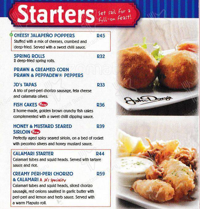 Menu au John Dory's restaurant, Le Cap, Cnr Main Rd & Broadway Blvd