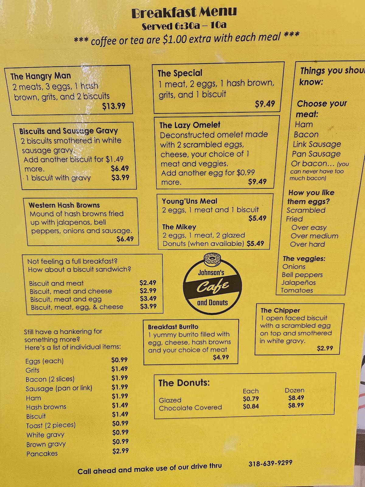 Menu at Johnson's Cafe and Donuts, Minden