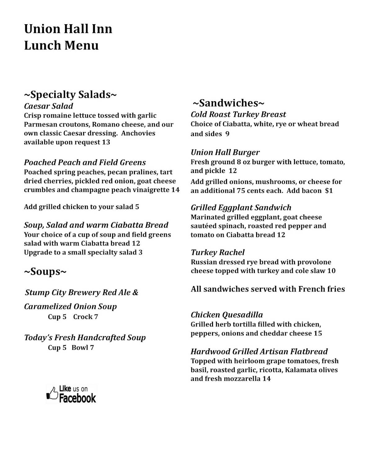 Menu at Union Hall Inn Restaurant & Catering, Johnstown