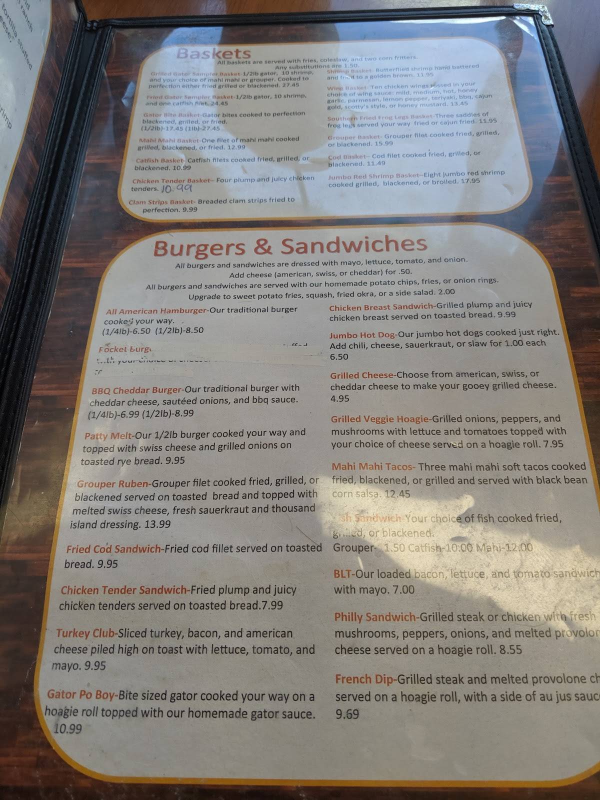 Menu at Jolly Gator Fish Camp restaurant, USA