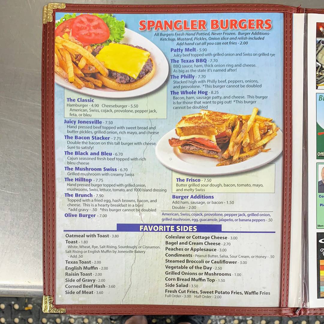 Menu at Spangler's Family Restaurant, Jonesville