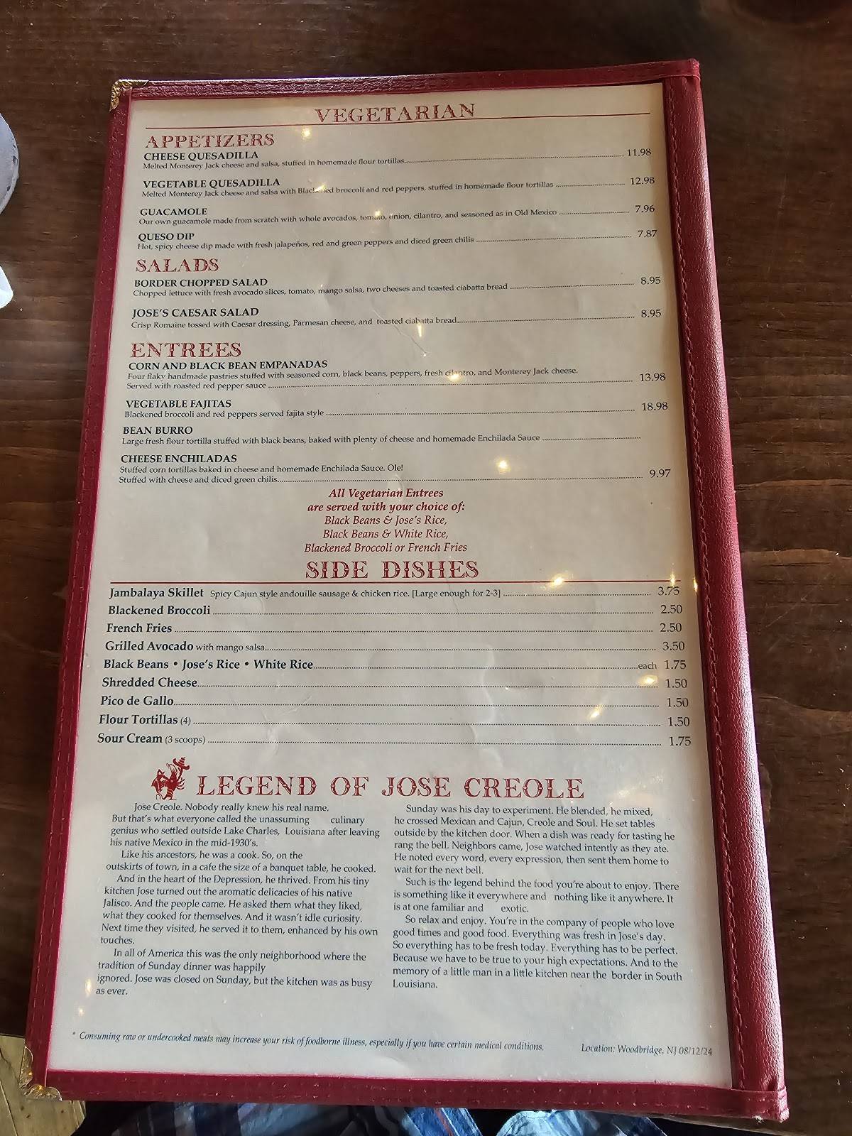 Menu at Jose Tejas restaurant, Woodbridge Township, 700 US Highway 1 N