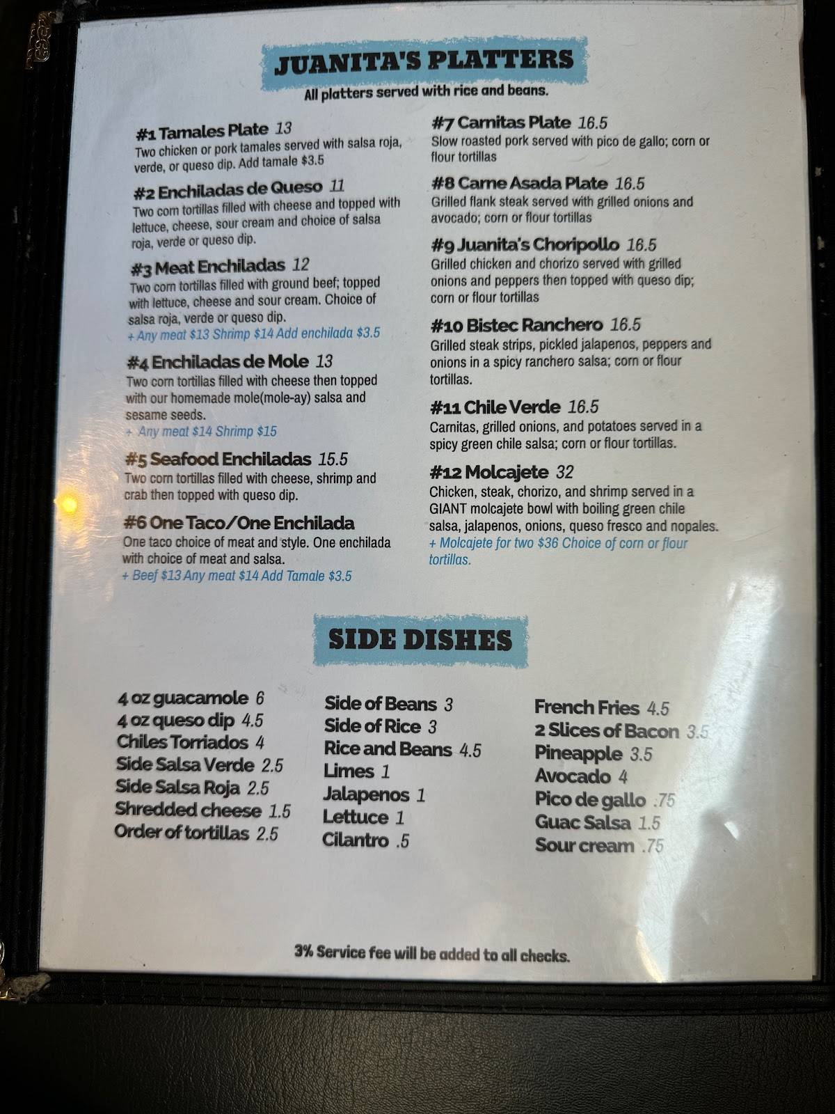 Menu at Juanita's Mexican Restaurant, Altoona