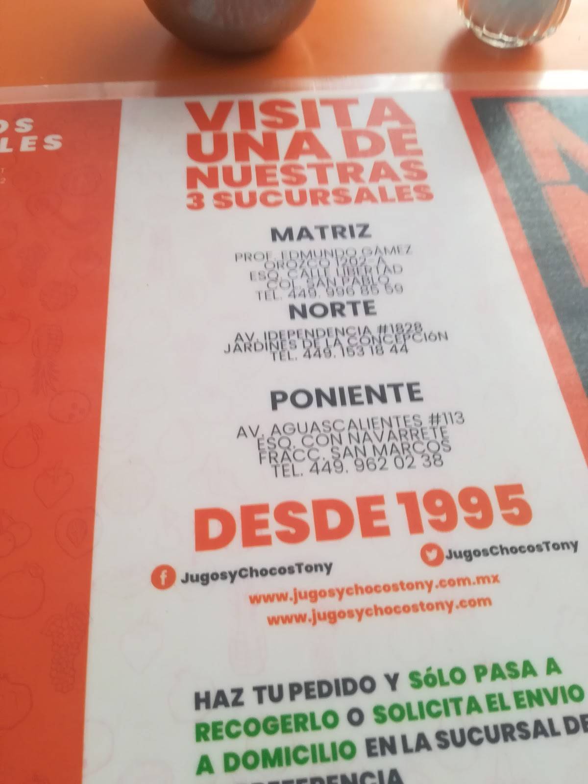 Carta del pub y bar Jugos y Chocos Tony, Aguascalientes, Av ...