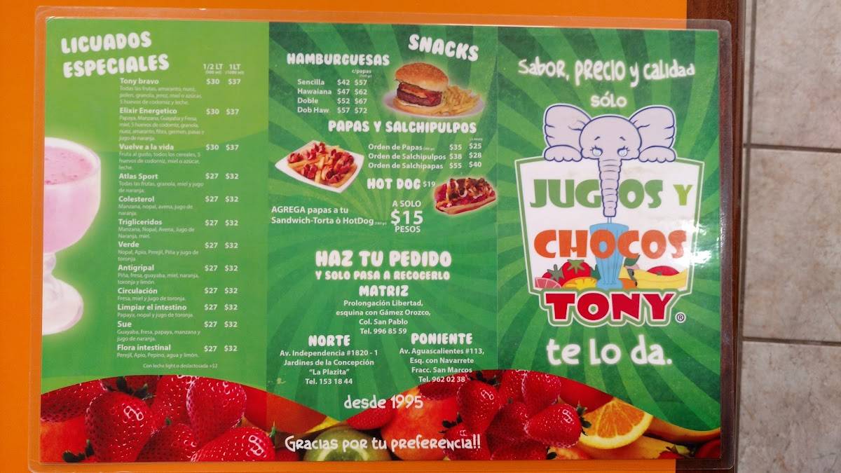 Carta del pub y bar Jugos y Chocos Tony, Aguascalientes, Av ...