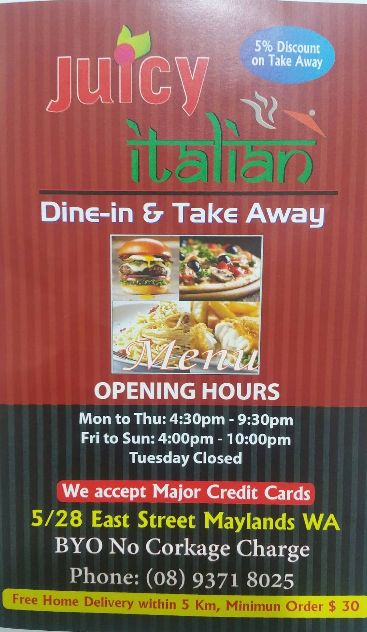 Menu at Juicy Italian Restaurant, Maylands, 32 East St