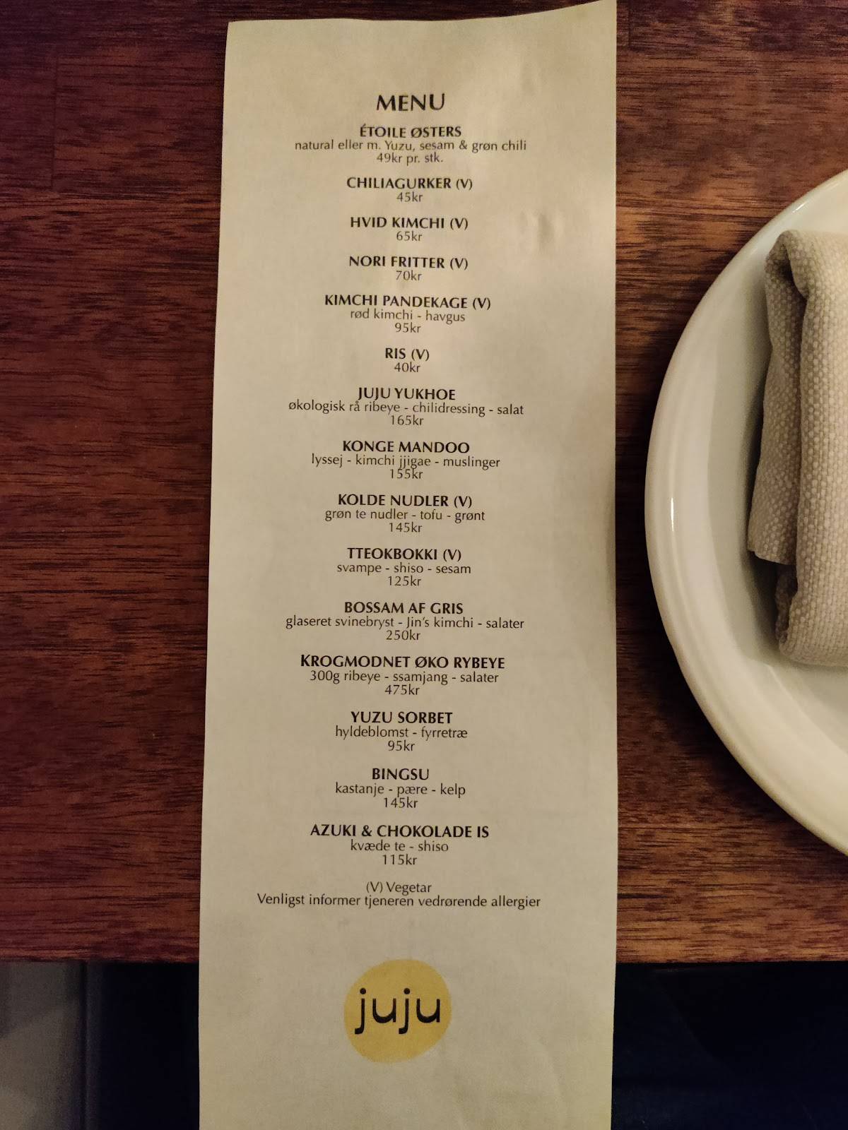Menu at Juju restaurant, Copenhagen