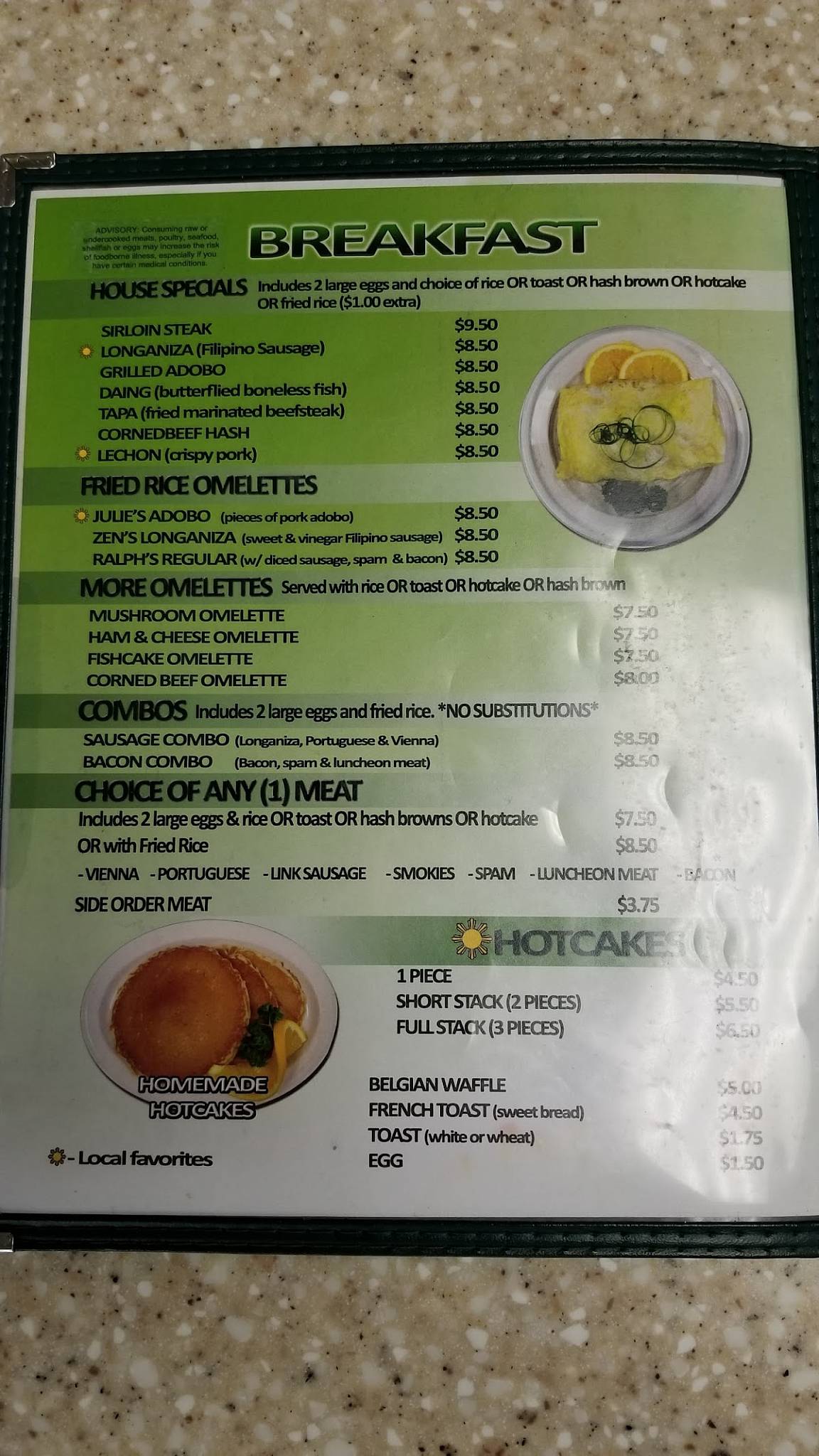 Menu at Julie'Z restaurant, Kapolei