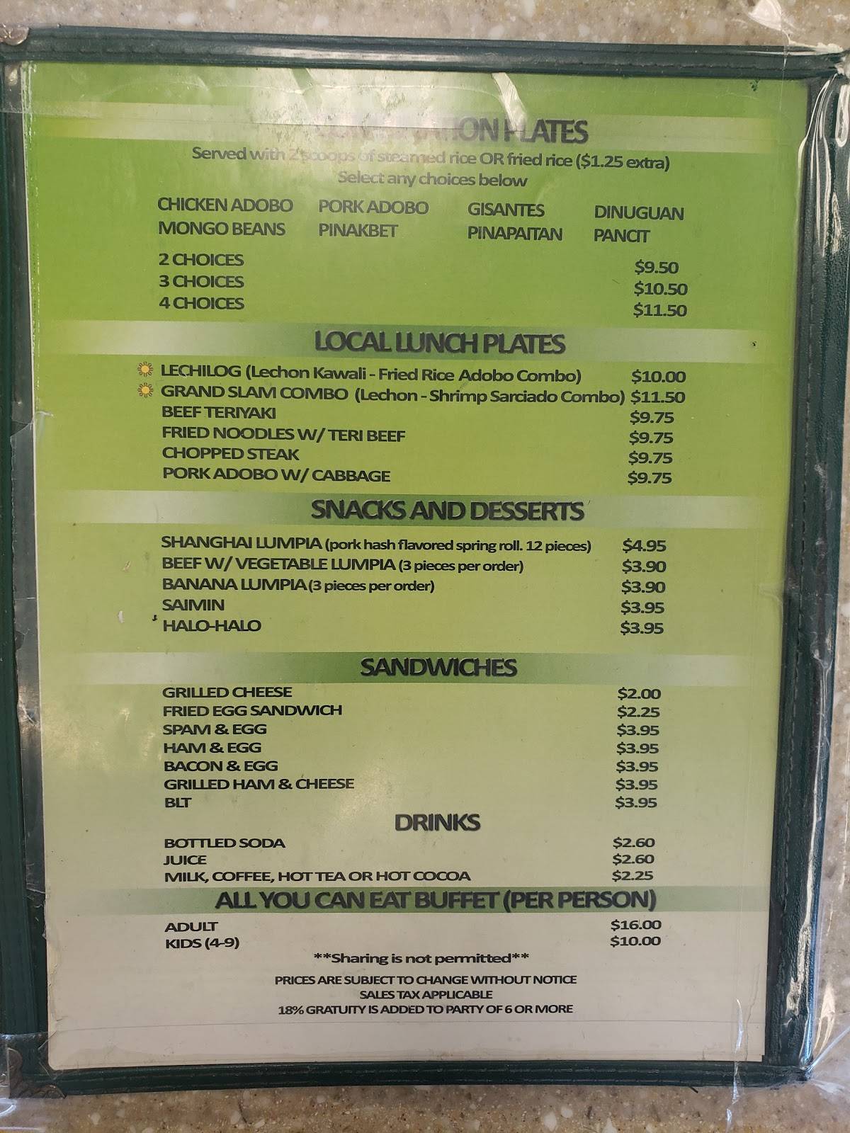 Menu at Julie'Z restaurant, Kapolei