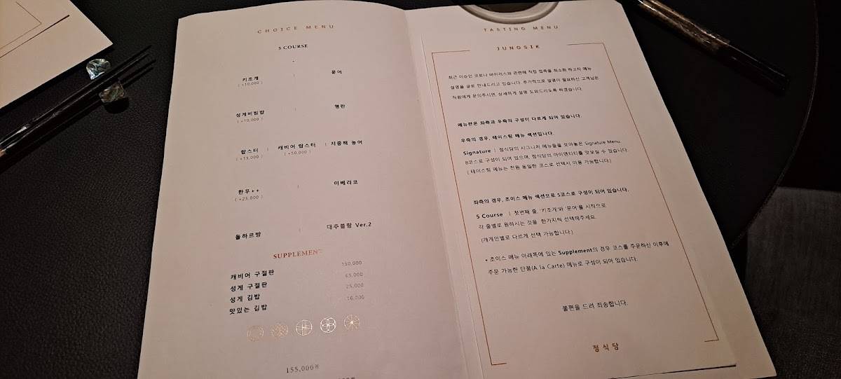 Menu at Jungsik Seoul restaurant, Seoul