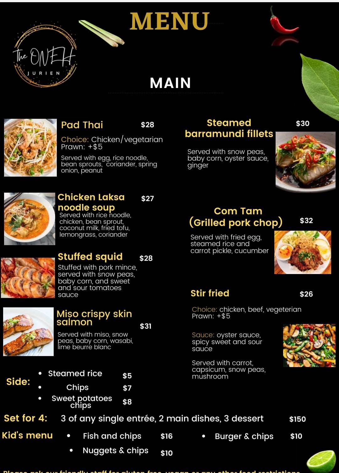 Menu at The Oneh Jurien restaurant, Jurien Bay