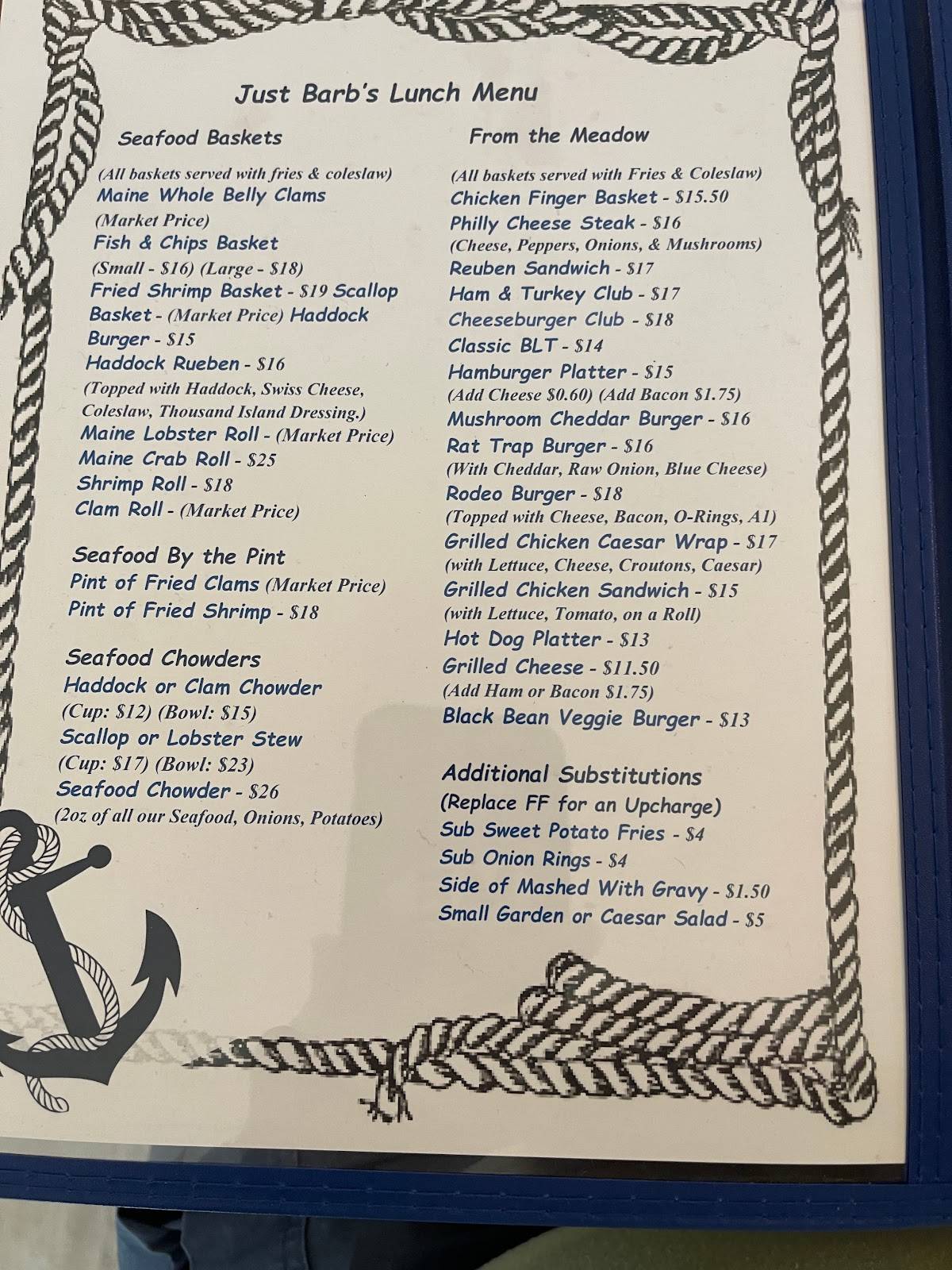 Menu at Just Barb's, Stockton Springs